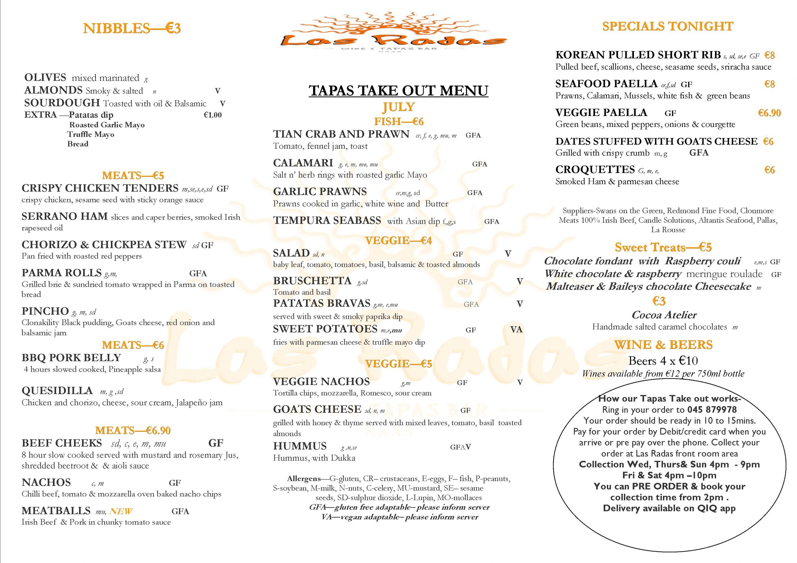 Tapas Take Away JULY - Las Radas Restaurant Naas