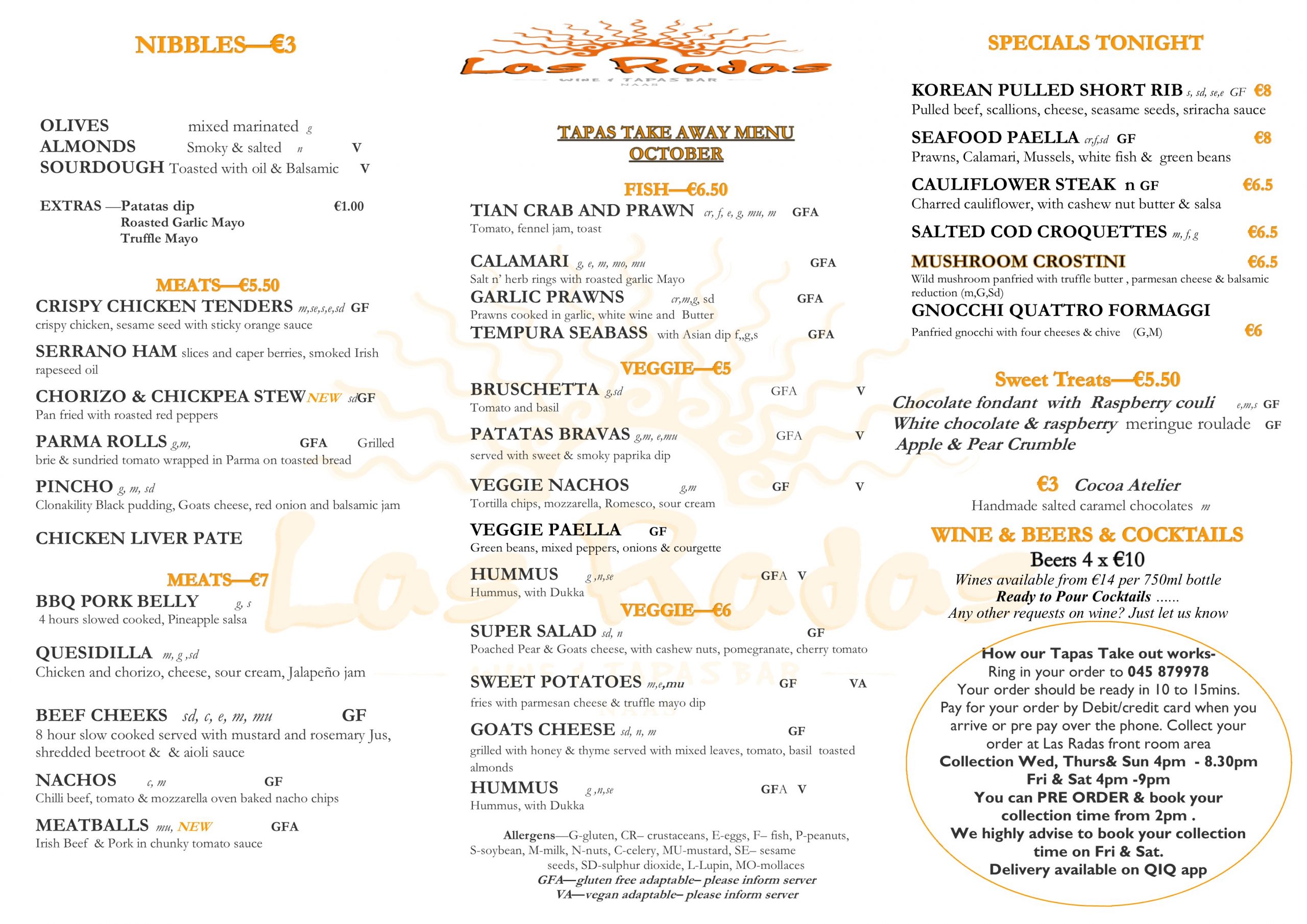 Tapas Take Away October - Las Radas Restaurant Naas